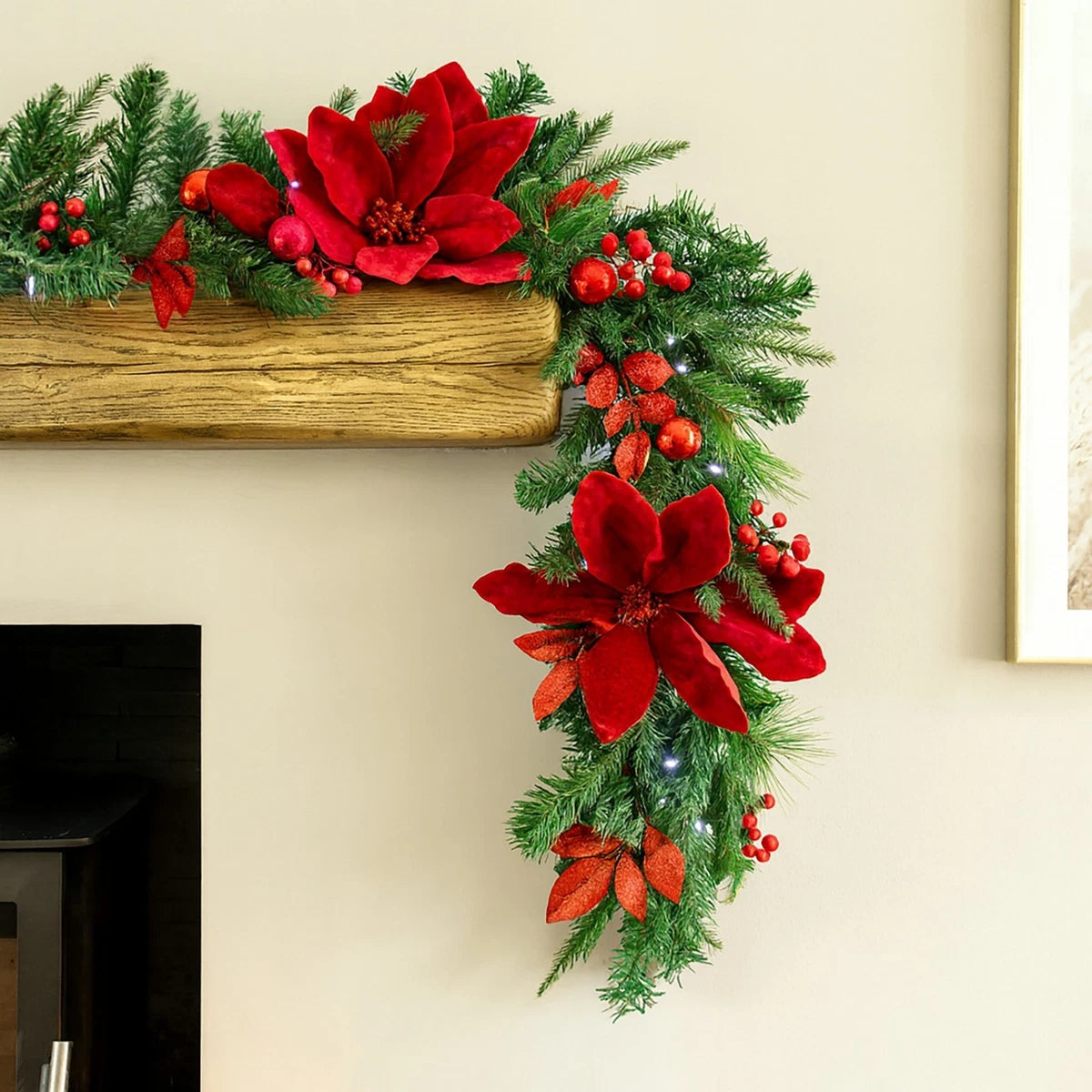Christmas Light Up Garland 9ft Artificial Luxury Red Poinsettia Warm W ...