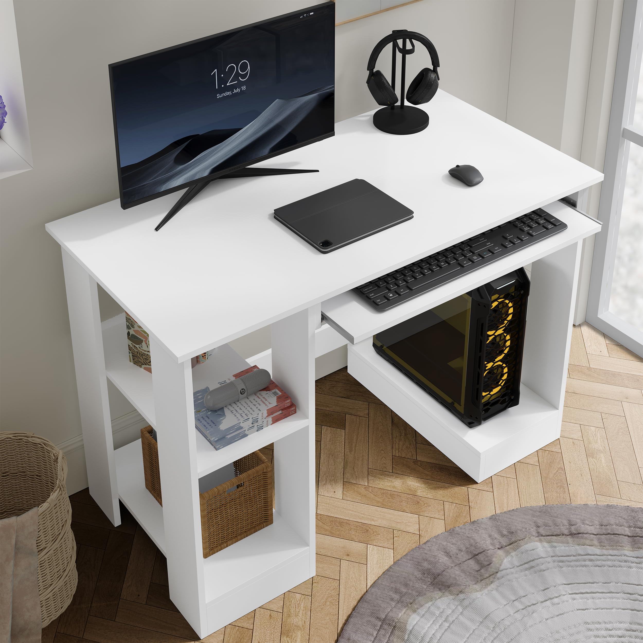 Home Office Desk, White Computer Desk With Shelves (100 x 55 x 75CM ...